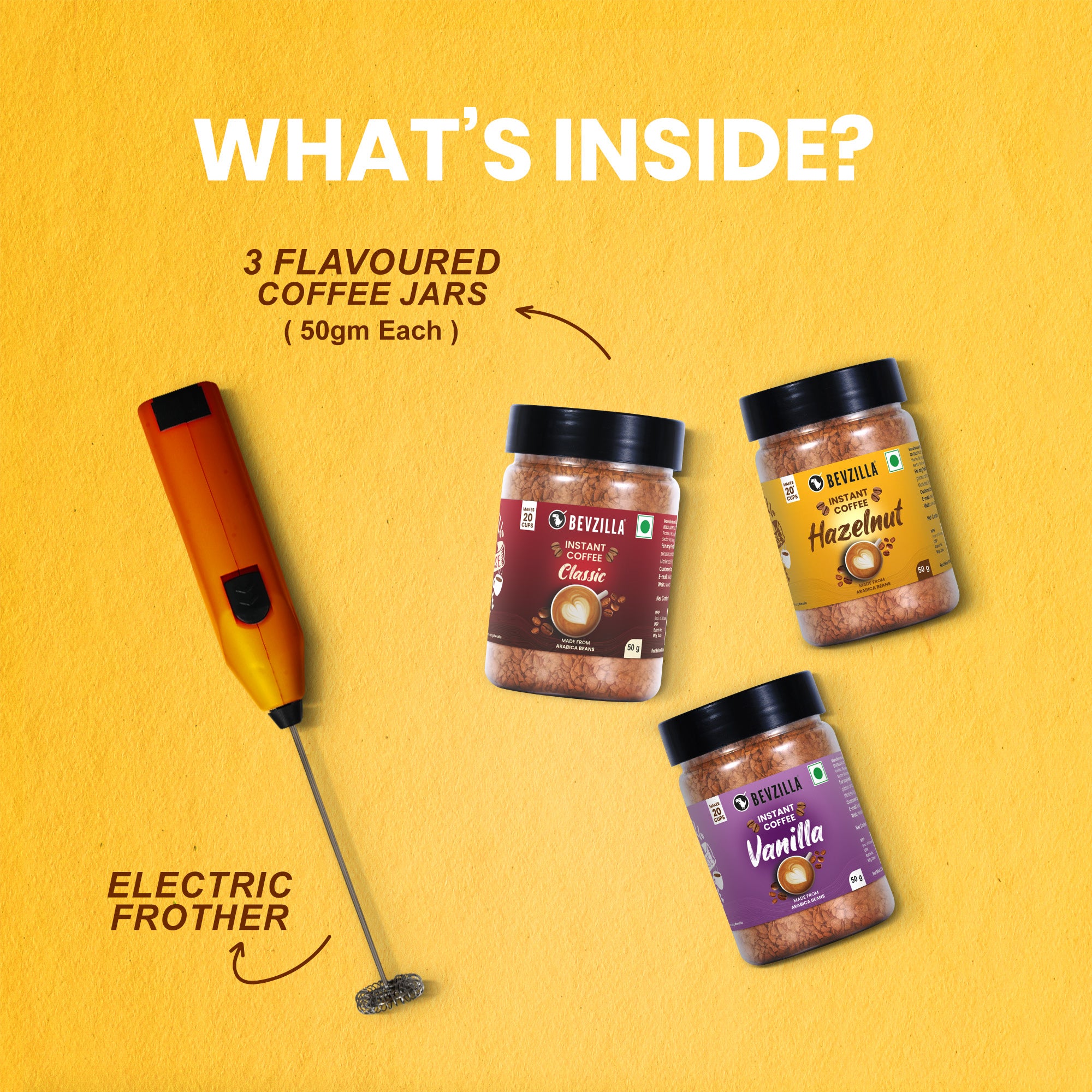 50 grams x 3 Coffee Jars Combo with Electric frother– Bevzilla