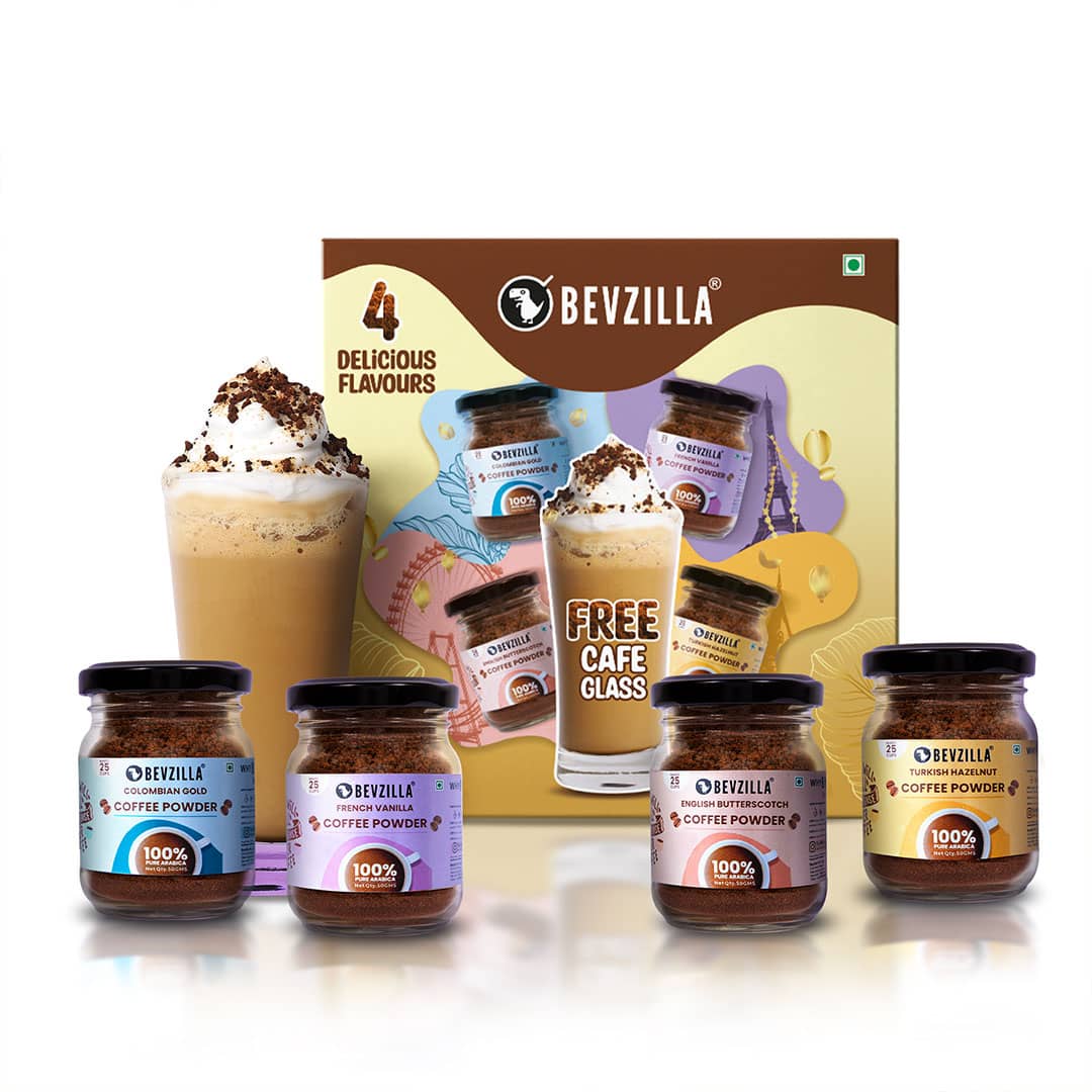 4 Flavoured Coffee Jars & Cafe Glass Gift Box– Bevzilla