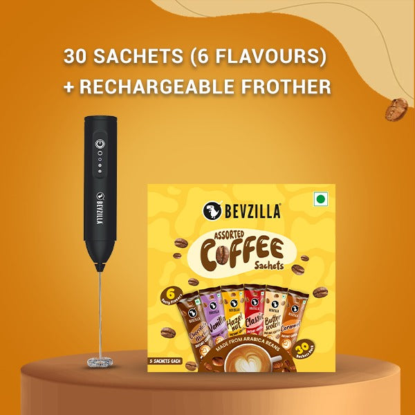 30 Assorted Sachets ( 6 Flavours) + New Rechargeable Frother– Bevzilla